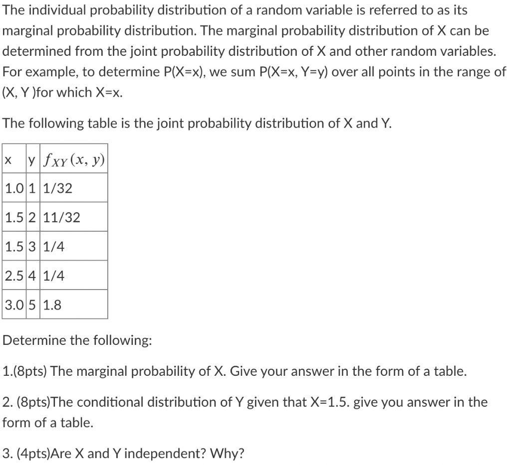 Solved The individual probability distribution of a random | Chegg.com