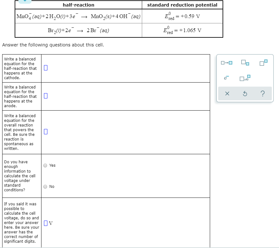 Solved half-reaction standard reduction potential MnO2 | Chegg.com