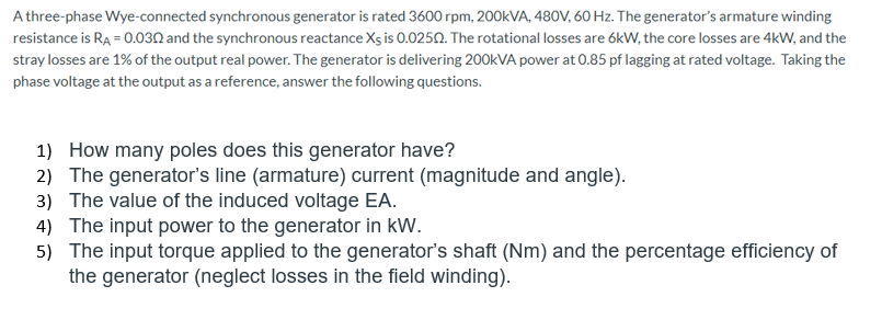 Solved A three-phase Wye-connected synchronous generator is | Chegg.com