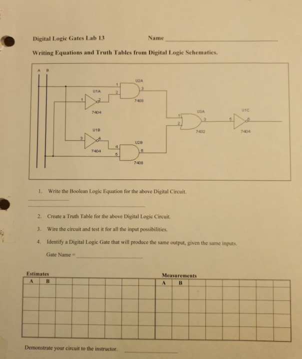 Solved Name Digital Logie Gates Lab 13 Writing Equations and | Chegg.com