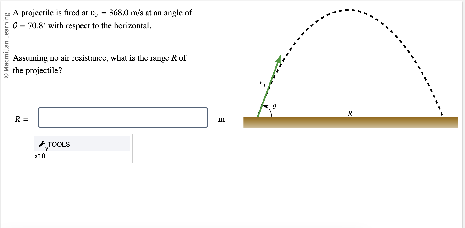 Solved A projectile is fired at v0=368.0 m/s at an angle of | Chegg.com