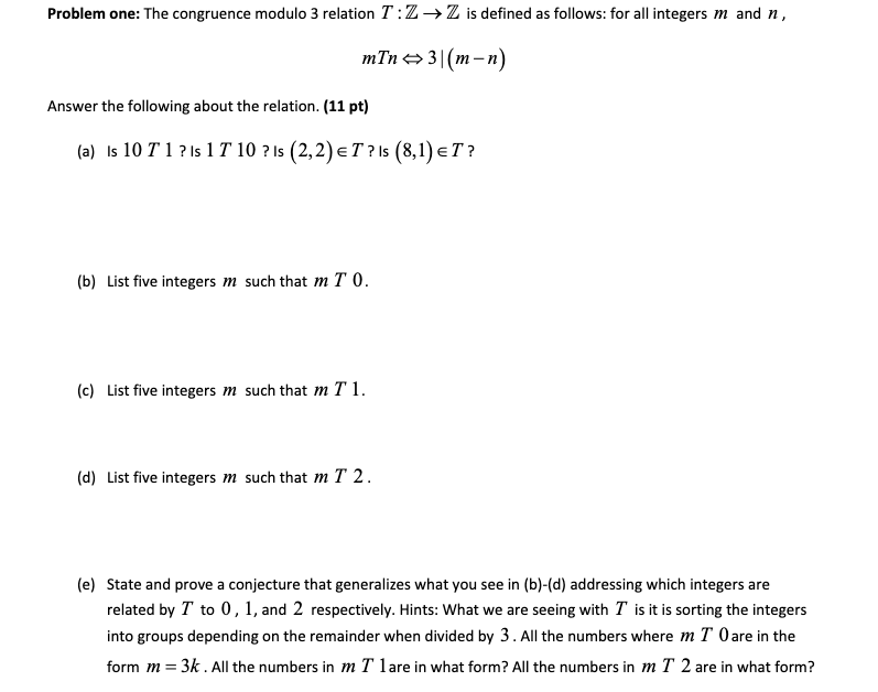 Solved Problem one: The congruence modulo 3 relation 1:Z→Z | Chegg.com