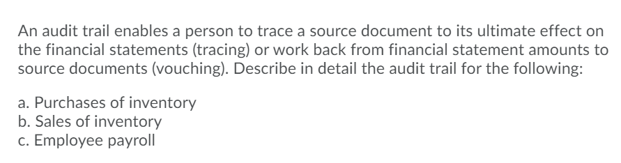 Solved An audit trail enables a person to trace a source | Chegg.com