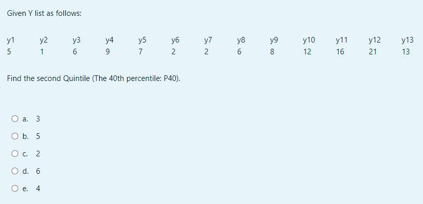 Solved Given Y list as follows: Find the second Quintile | Chegg.com