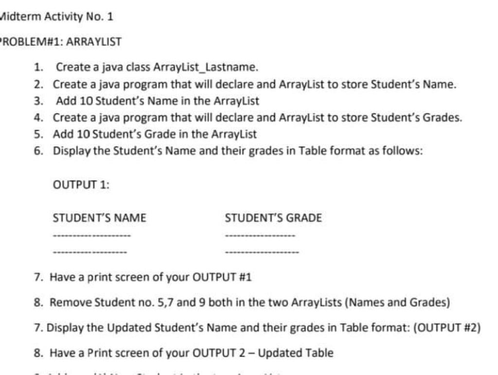 Solved Midterm Activity No. 1 ROBLEM#1: ARRAYLIST 1. Create | Chegg.com