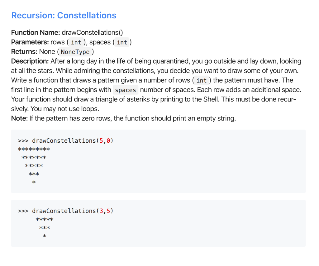 Solved Using Python: Recursion: Constellations Function | Chegg.com
