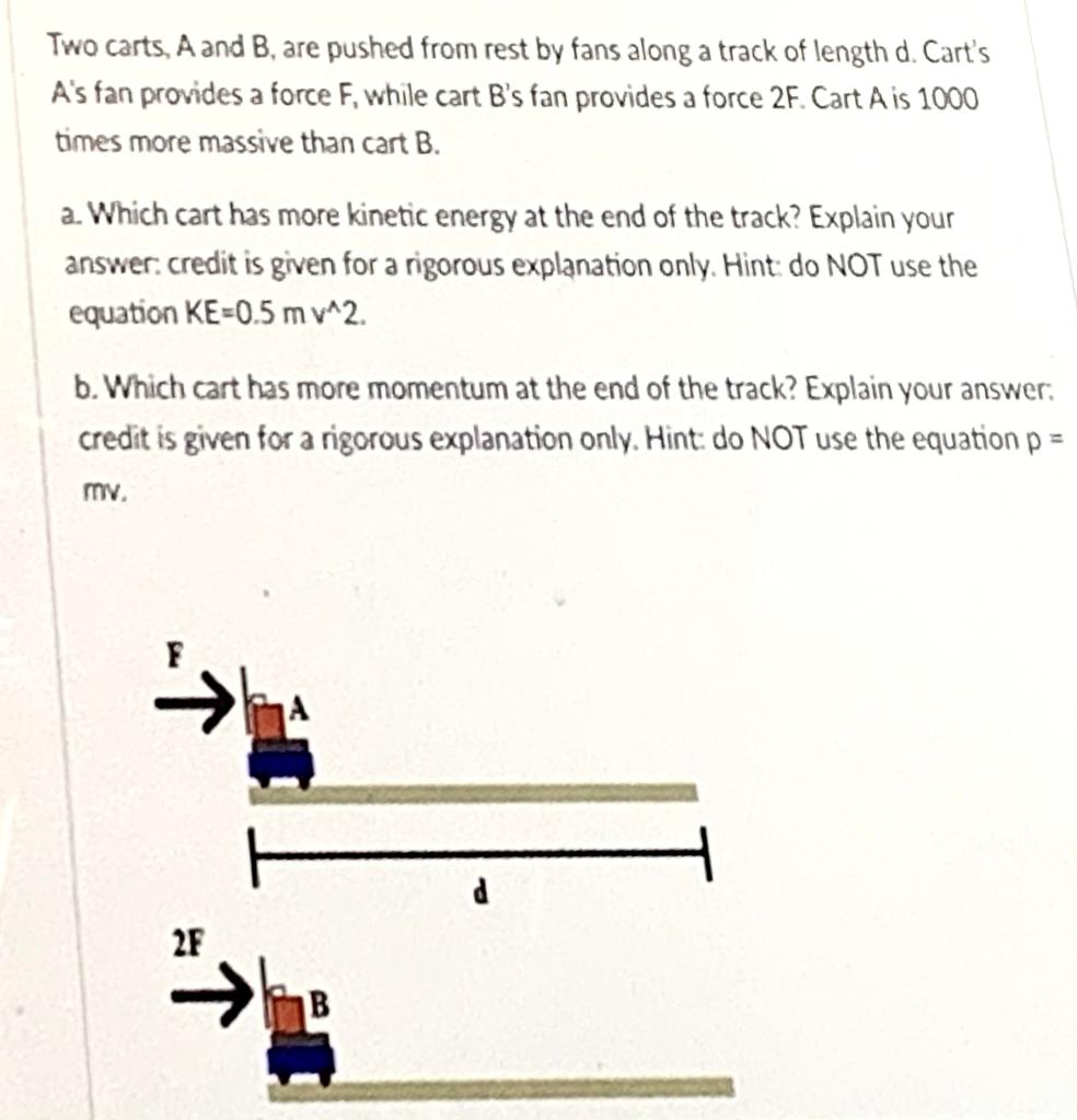 Solved Two carts, A and B, are pushed from rest by fans | Chegg.com