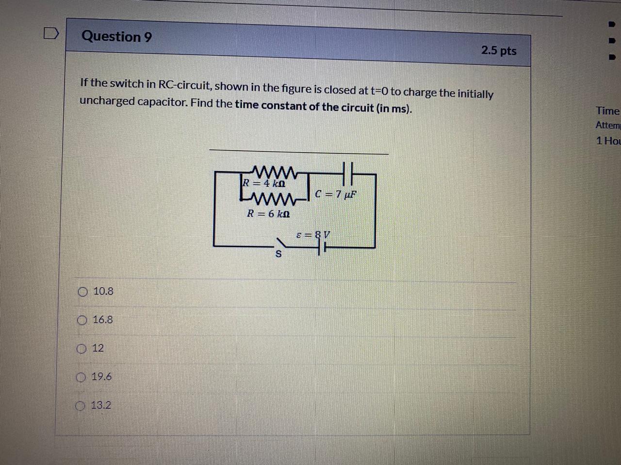 Solved Question 9 2.5 pts If the switch in RC-circuit, shown | Chegg.com