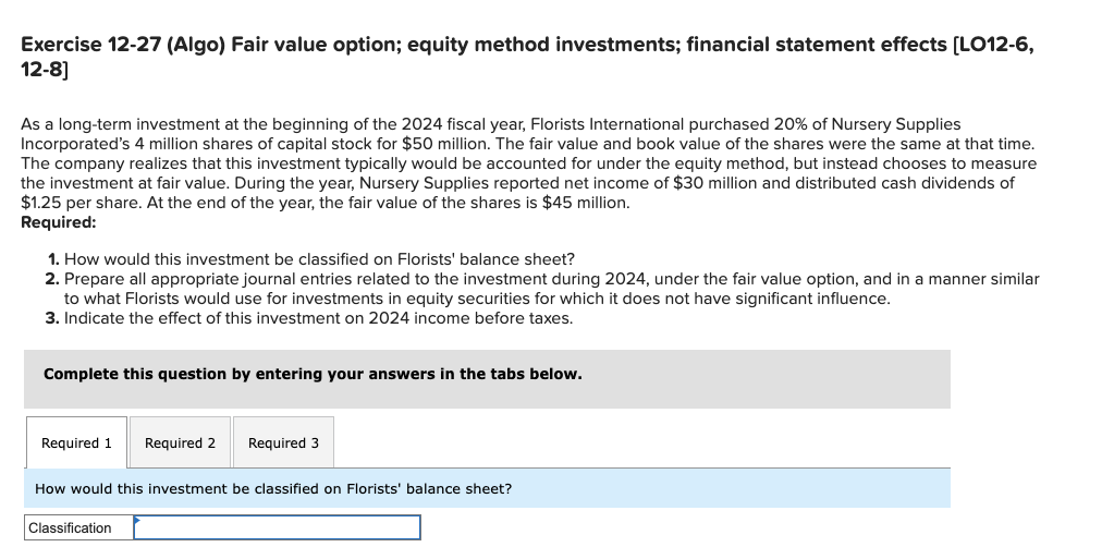 Solved Exercise 12-27 (Algo) Fair value option; equity | Chegg.com