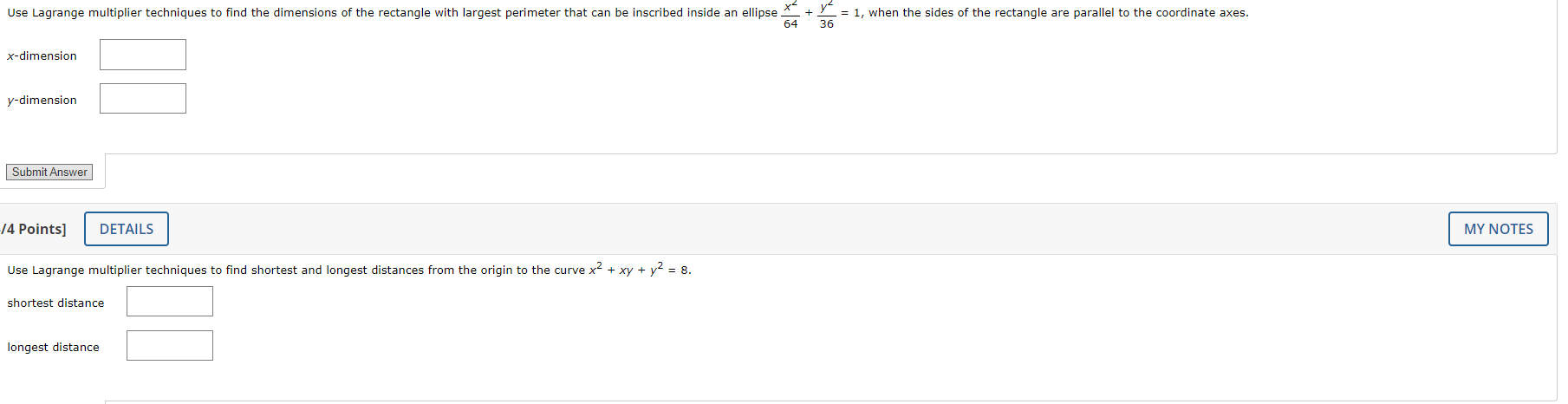 Solved x-dimension y-dimension /4 Points] Use Lagrange | Chegg.com