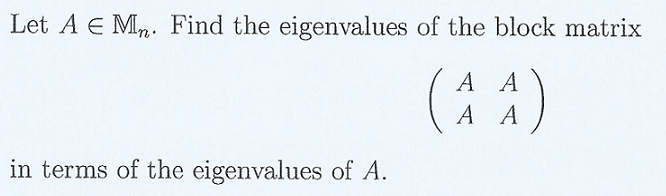 Solved Let A e Mn. Find the eigenvalues of the block matrix | Chegg.com