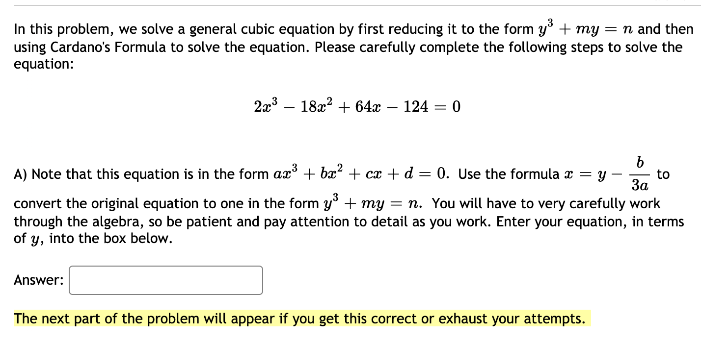 Solved In this problem, we solve a general cubic equation by | Chegg.com