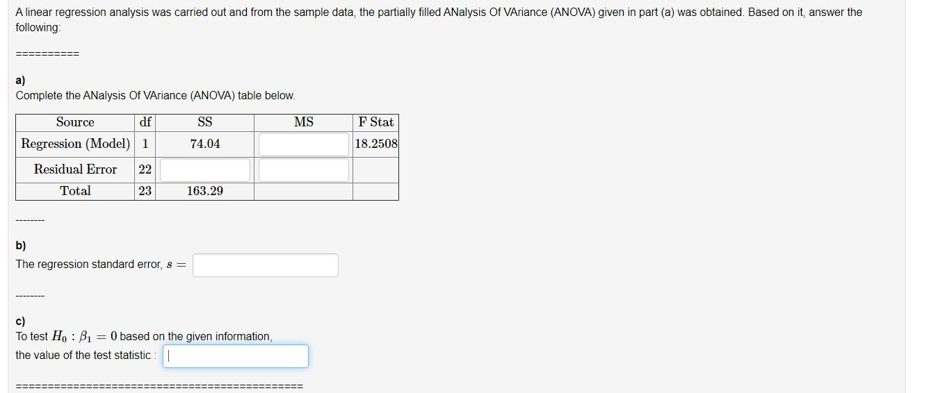 Solved A Linear Regression Analysis Was Carried Out And From 7946
