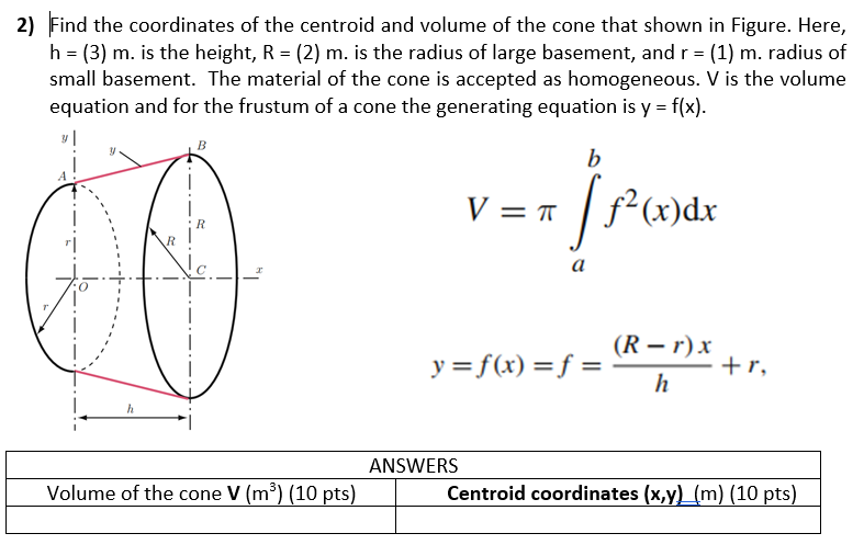 Solved 2) Find the coordinates of the centroid and volume of | Chegg.com