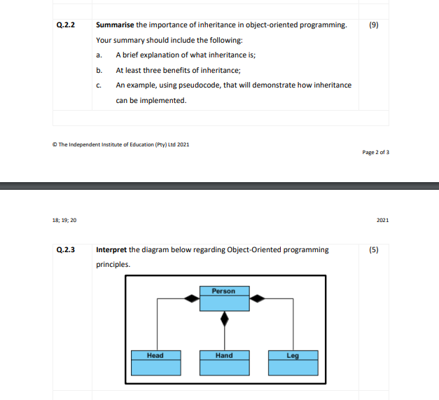 Solved Q.2.2 (9) (9) Summarise the importance of inheritance | Chegg.com