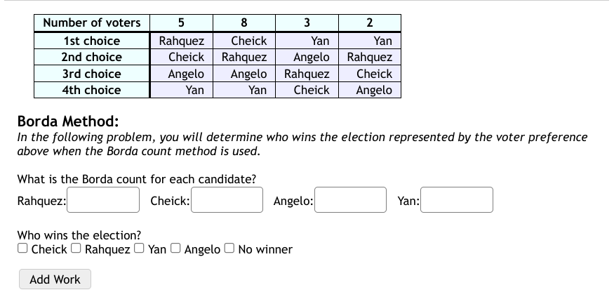 Solved Borda Method: In the following problem, you will | Chegg.com