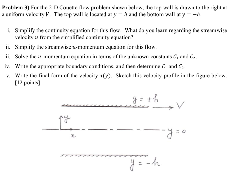 Solved Problem 3) For the 2-D Couette flow problem shown | Chegg.com