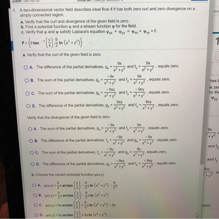 Solved 4. A two-dimensional vector field describes ideal | Chegg.com
