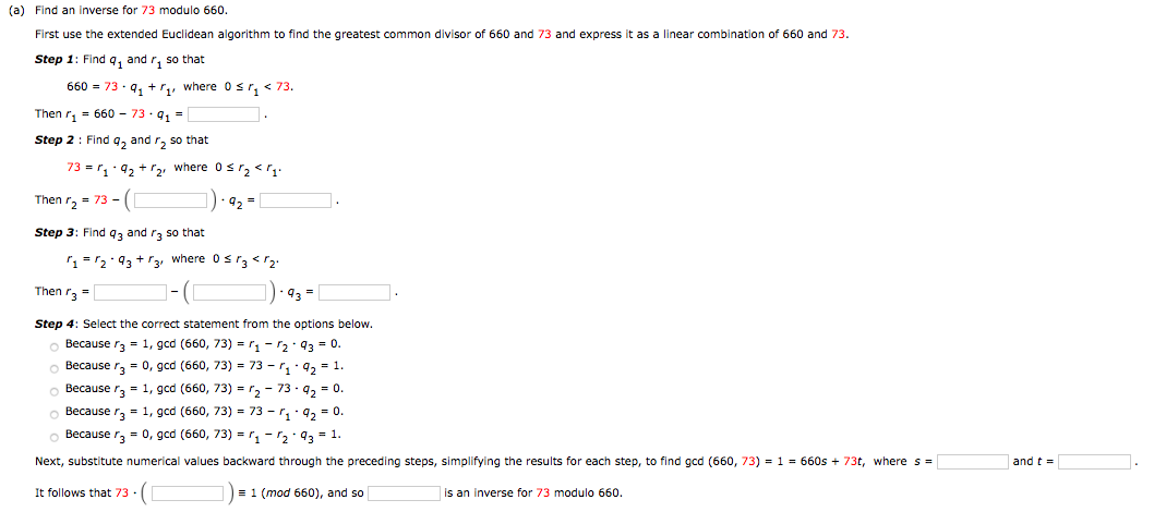 Solved (a) Find an inverse for 73 modulo 660. First use the | Chegg.com