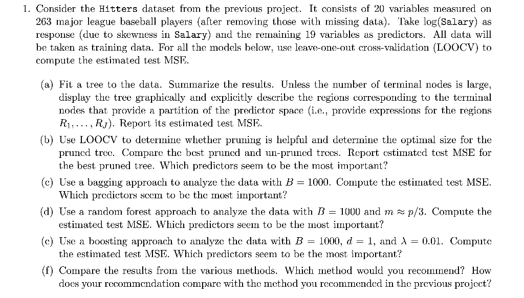 1. Consider the Hitters dataset from the previous | Chegg.com