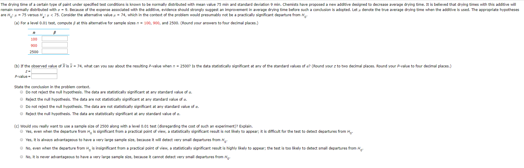 Solved The drying time of a certain type of paint under | Chegg.com