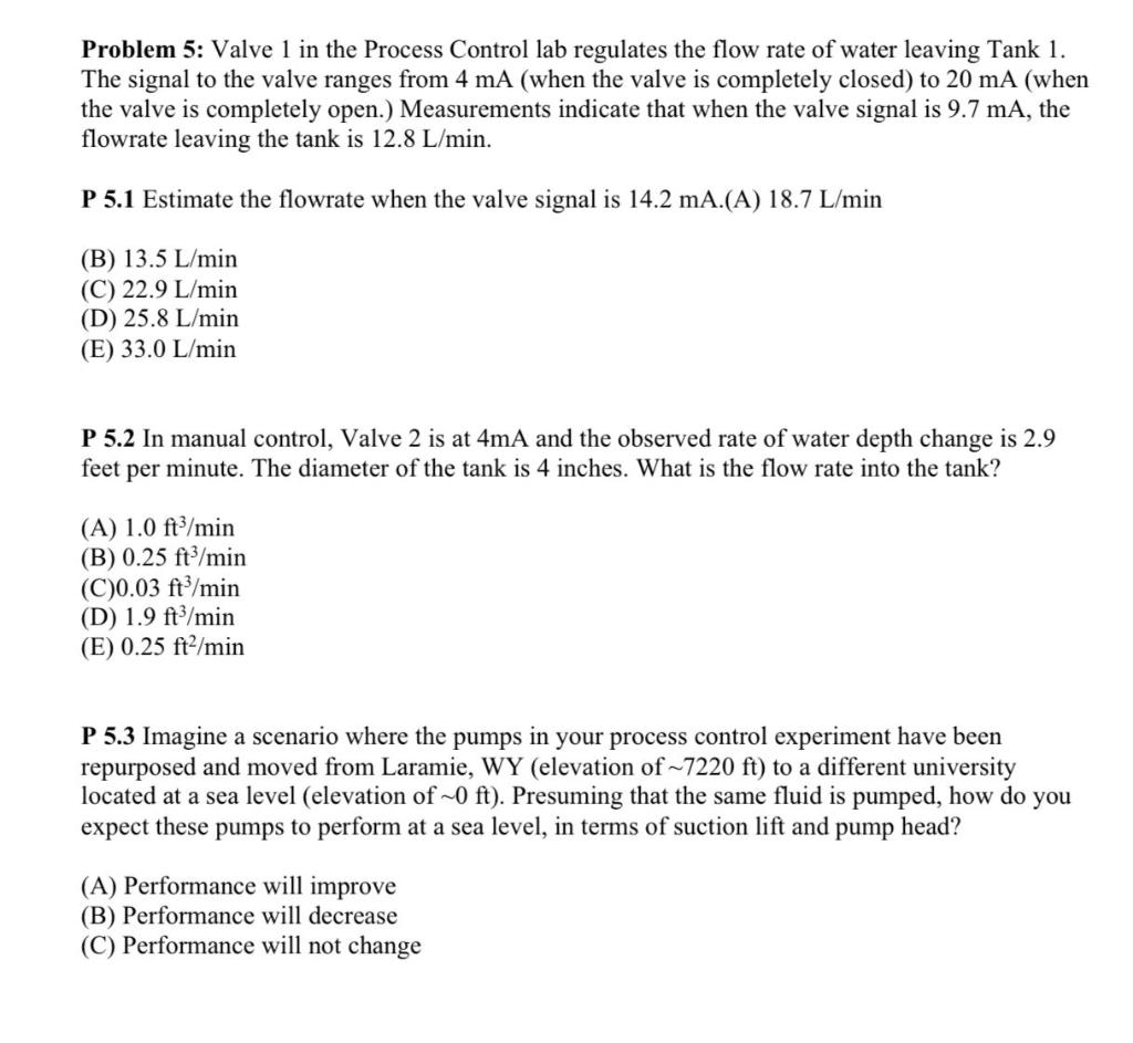 Solved Problem 5: Valve 1 in the Process Control lab | Chegg.com
