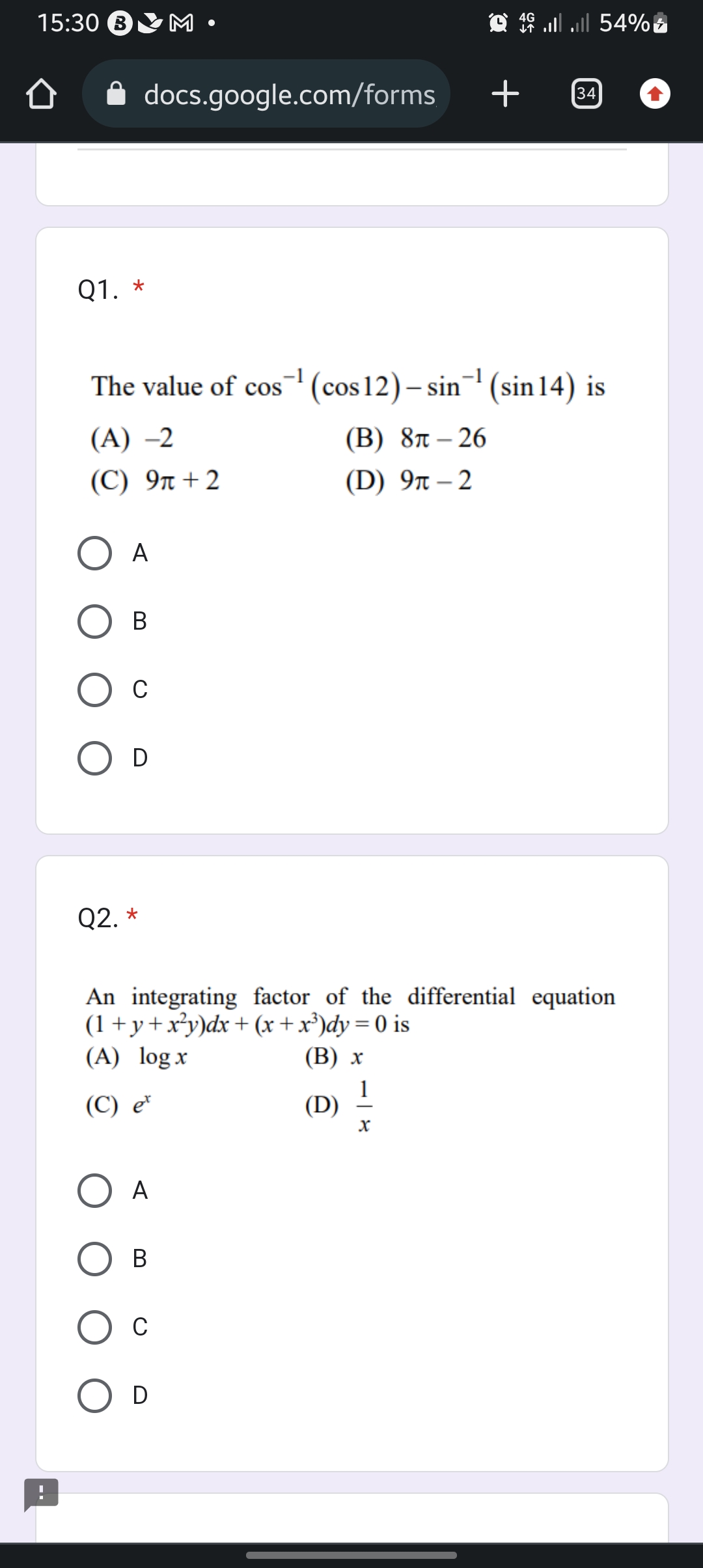 Solved The value of cos−1(cos12)−sin−1(sin14) is (A) -2 (B) | Chegg.com