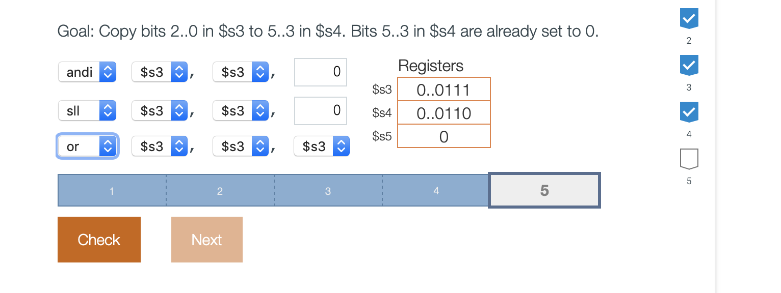 Goal: Copy bits 2.0 in $s3 to 5..3 in $s4. Bits 5..3 | Chegg.com