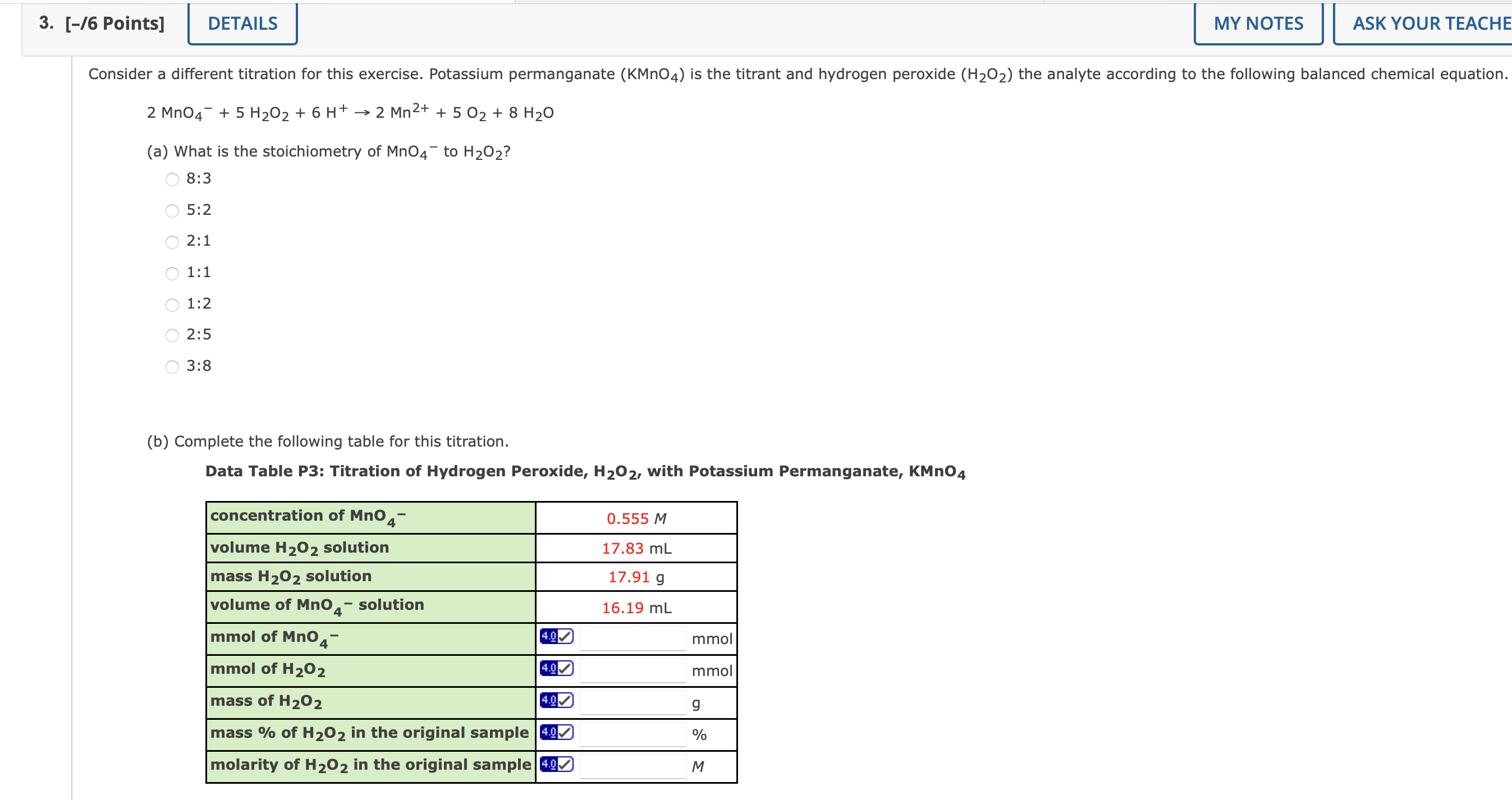 Solved 2MnO4−+5H2O2+6H+→2Mn2++5O2+8H2O (a) What is the | Chegg.com