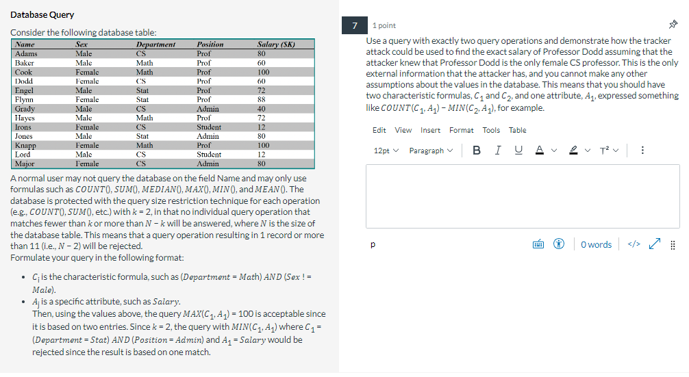 Solved Consider the following database table: 1 point Use a | Chegg.com