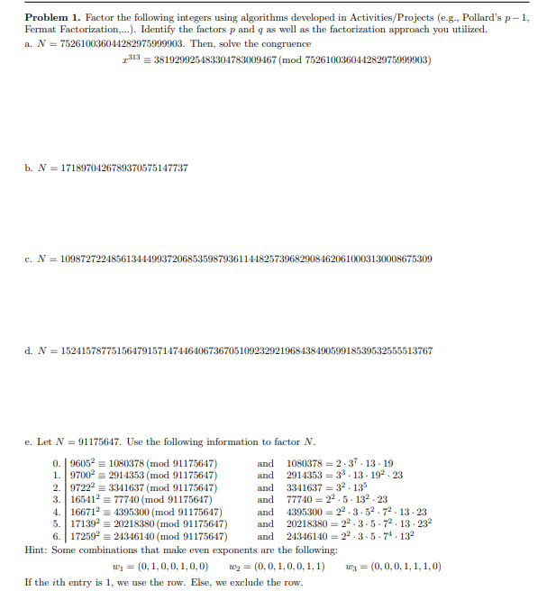 Problem 1. Factor the following integers using | Chegg.com