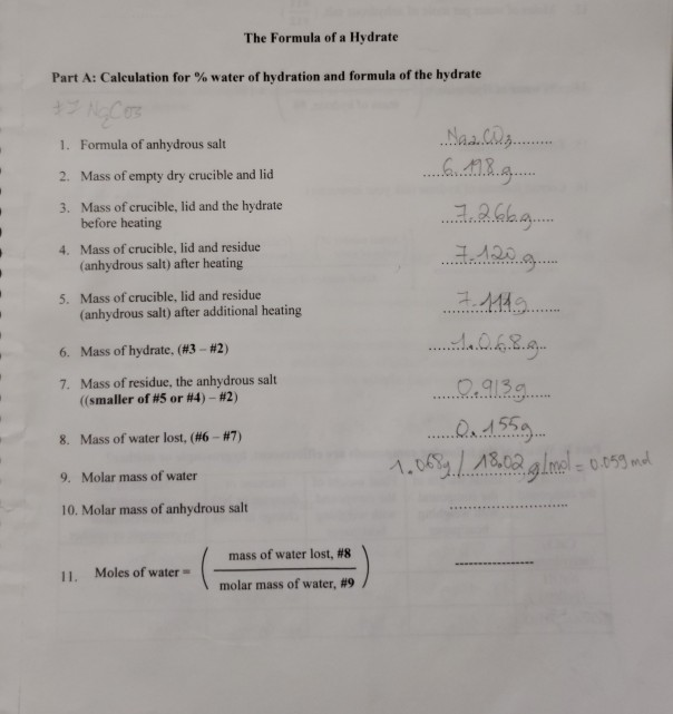 Solved The Formula of a Hydrate Part A: Calculation for % | Chegg.com