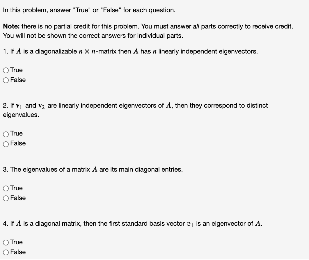 Solved In this problem, answer "True" or "False" for each | Chegg.com