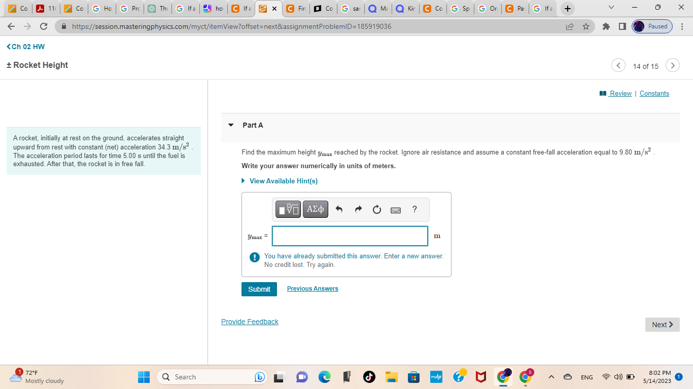 Solved A rocket, initially at rest on the ground, | Chegg.com