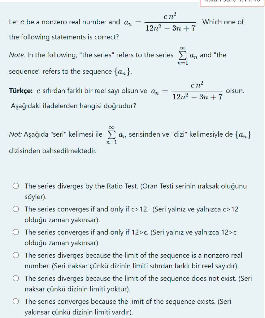 Solved Let c be a nonzero real number and an=12n2−3n+7cn2. | Chegg.com