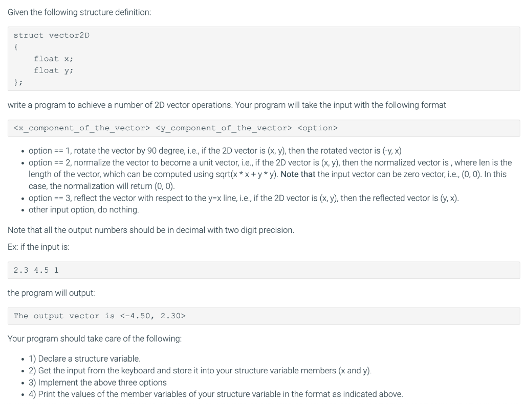 Solved Struct Vector2d Float X Float Y Write A 