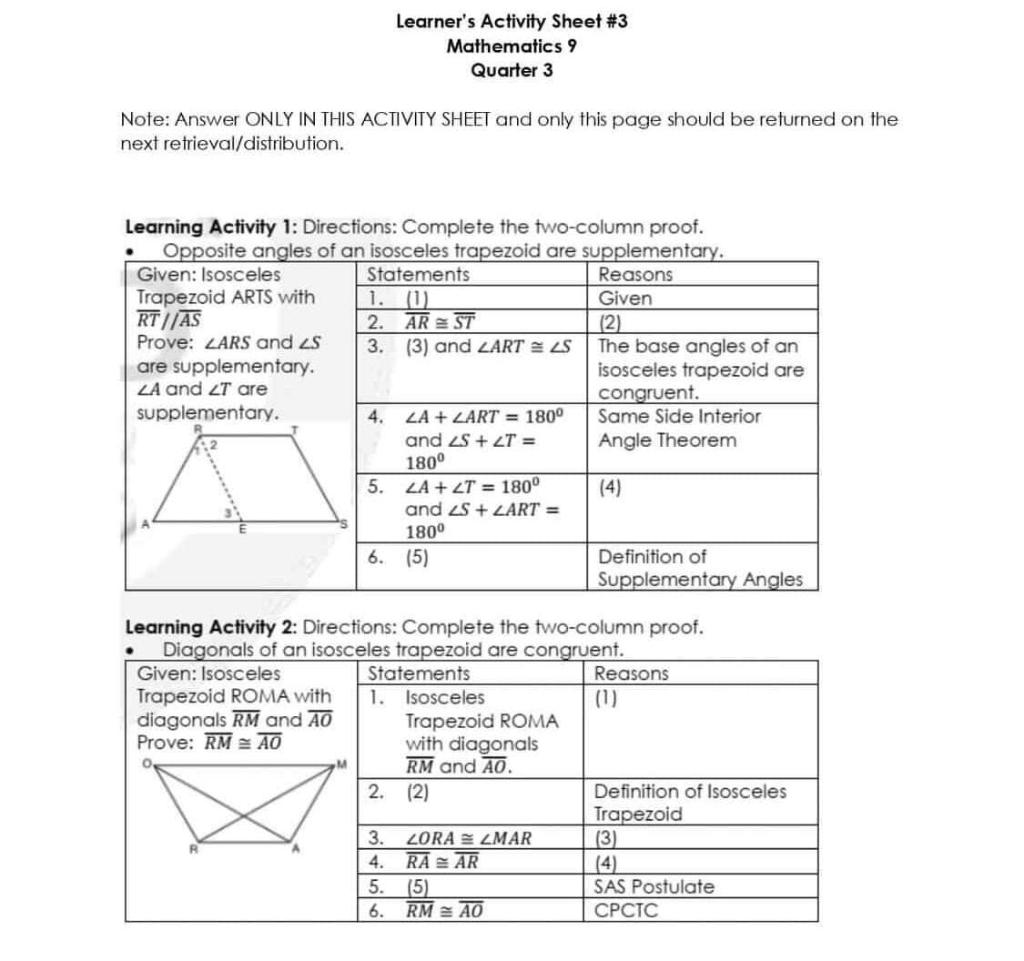 Solved Learner's Activity Sheet #3 Mathematics 9 Quarter 3 | Chegg.com