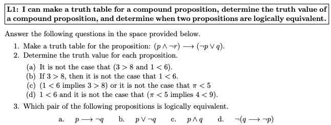 Solved L1: I can make a truth table for a compound | Chegg.com