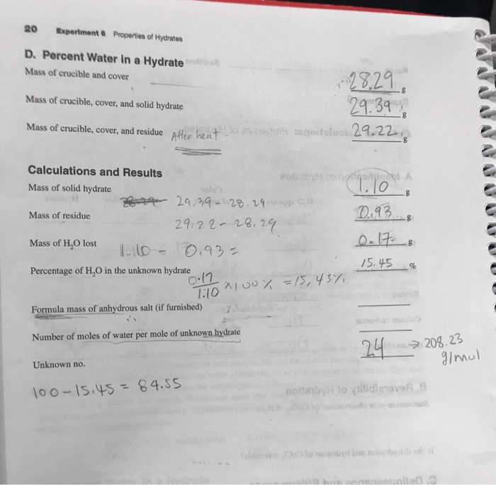 Solved 20 Experlment Properties of Hydrate D. Percent Water | Chegg.com