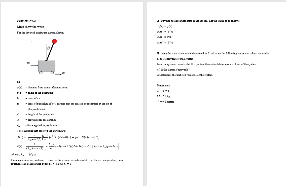 Solved Problem No.5 A-Develop the linearized state space | Chegg.com