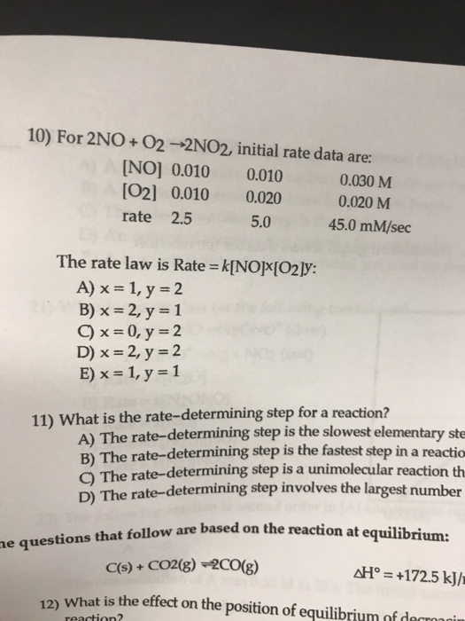 Solved 10) For 2NO+O2-2NO2, initial rate data are: NO] 0.010 | Chegg.com