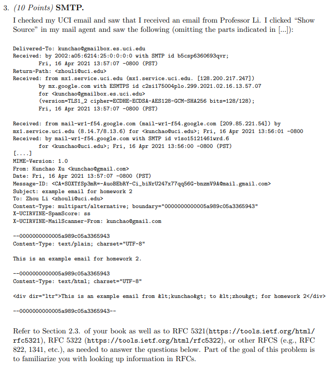 3. (10 Points) SMTP. I checked my UCI email and saw | Chegg.com