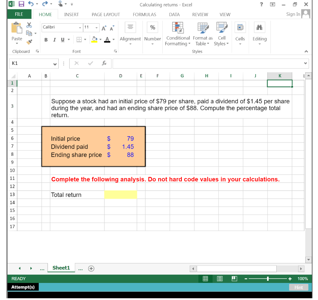 Solved XD Calculating returns - Excel ? - Q X S x FILE HOME | Chegg.com