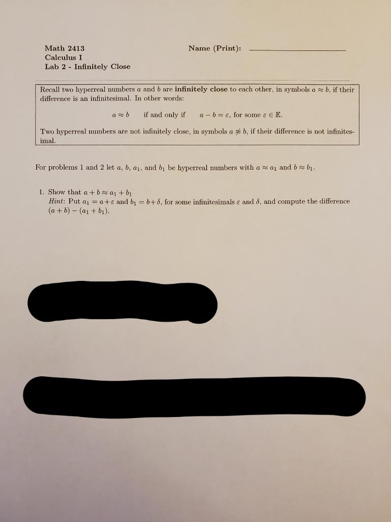 Solved Name (Print): Math 2413 Calculus I Lab 2 - Infinitely | Chegg.com