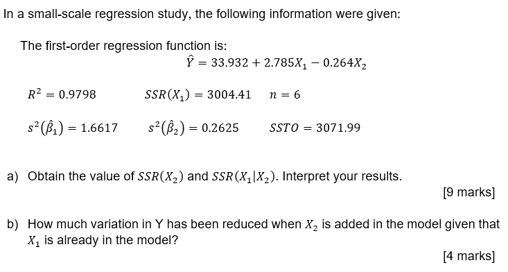 Solved In a small-scale regression study, the following | Chegg.com