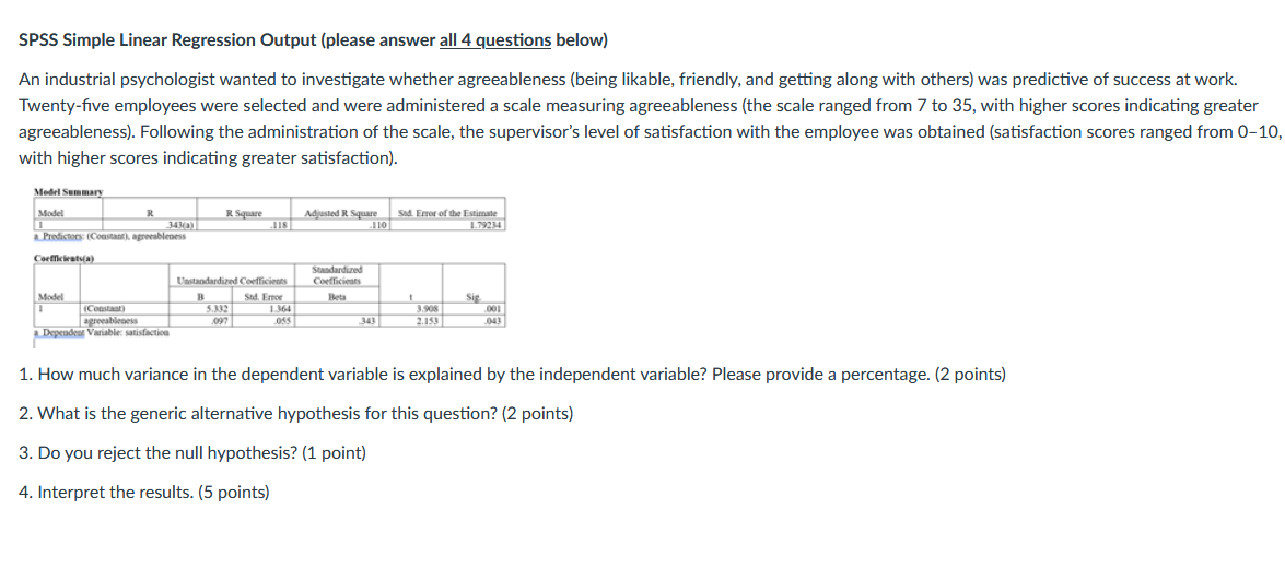Solved SPSS Simple Linear Regression Output (please answer | Chegg.com