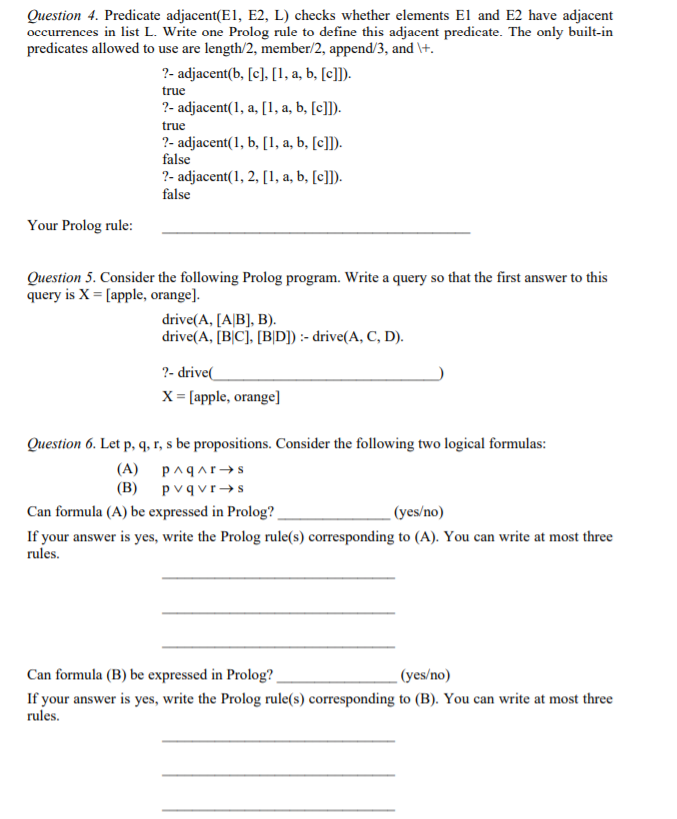 Question 4. Predicate adjacent(E1, E2, L) checks | Chegg.com
