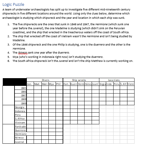 Logic Puzzle A team of underwater archaeologists has | Chegg.com