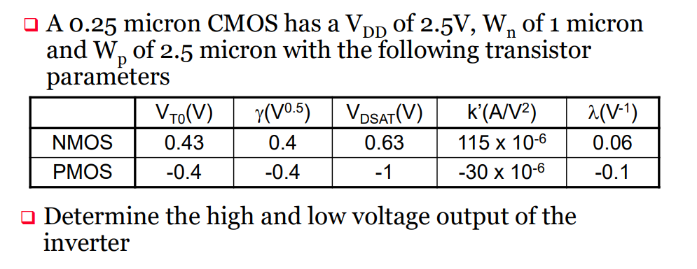 A 0.25 micron CMOS has a VDD of 2.5 V, Wn of 1 micron | Chegg.com