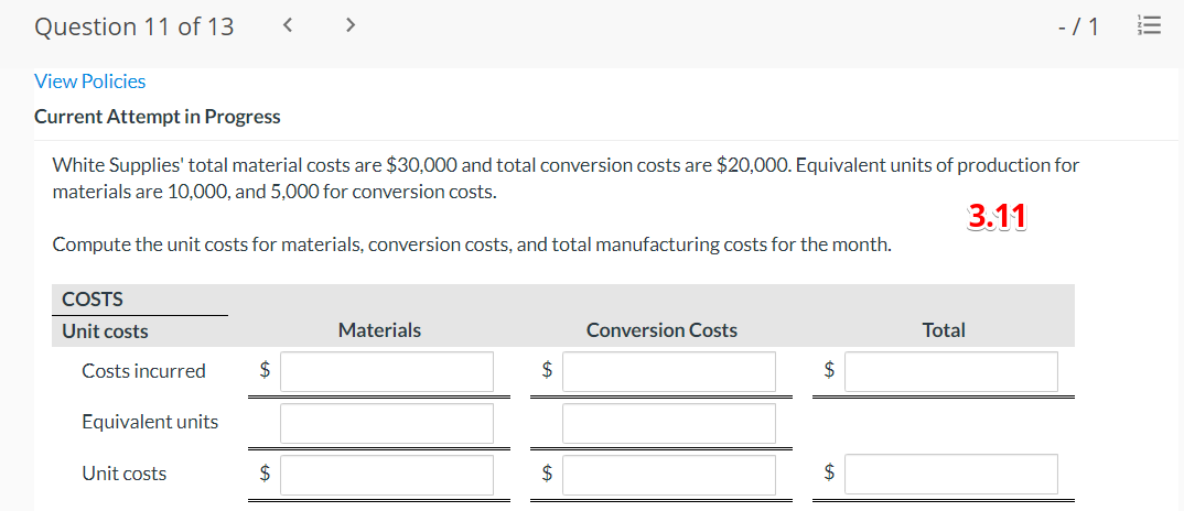 Solved Question 11 of 13 - / 1 View Policies Current Attempt | Chegg.com